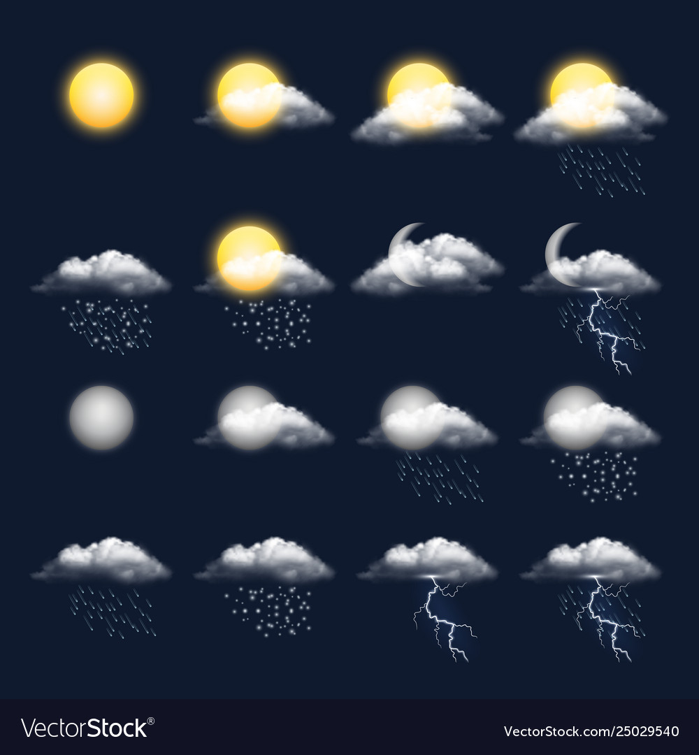 Meteo realistic icon clouds sun rain wind snow Vector Image