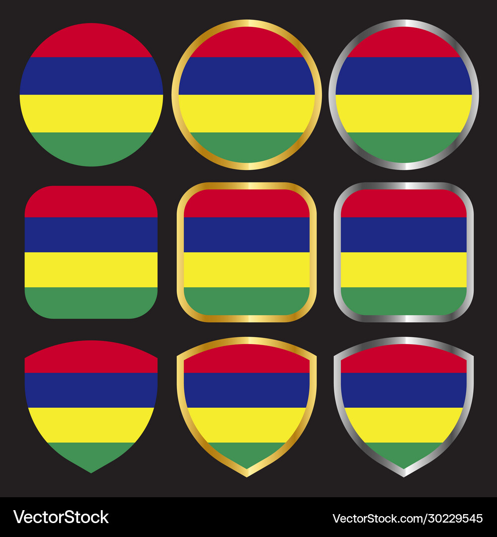 Mauritius flag icon set with gold and silver Vector Image