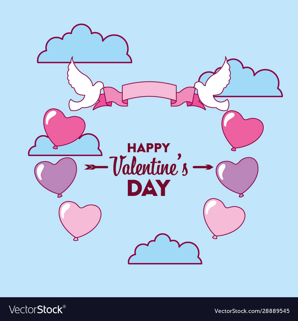 Valentines day card with hearts and doves flying Vector Image