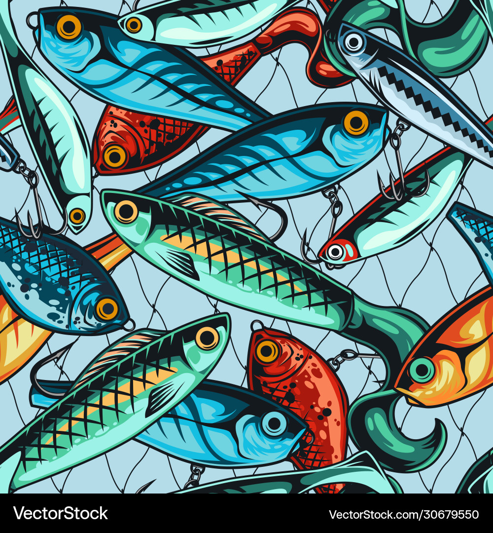 Colorful fishing baits seamless pattern Royalty Free Vector