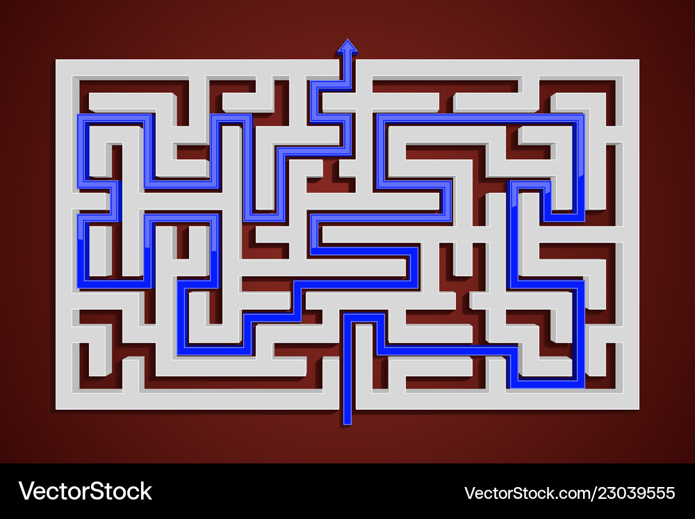 Square maze with blue path to center on red Vector Image