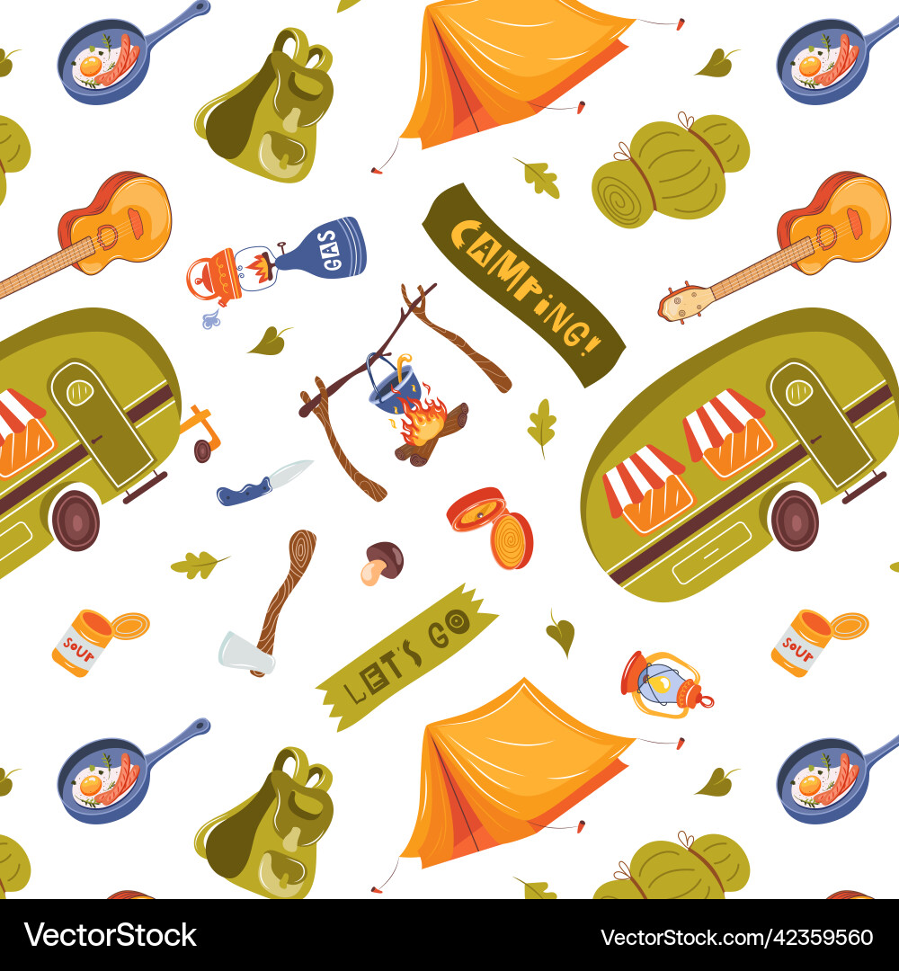 Summer camp colorful seamless pattern with rv Vector Image