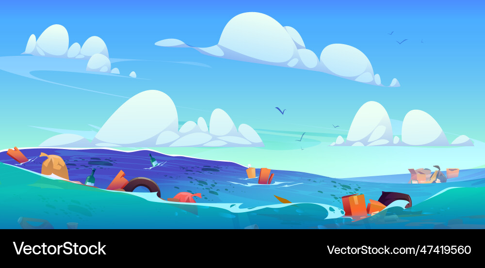 Trash floating on water surface in open sea Vector Image