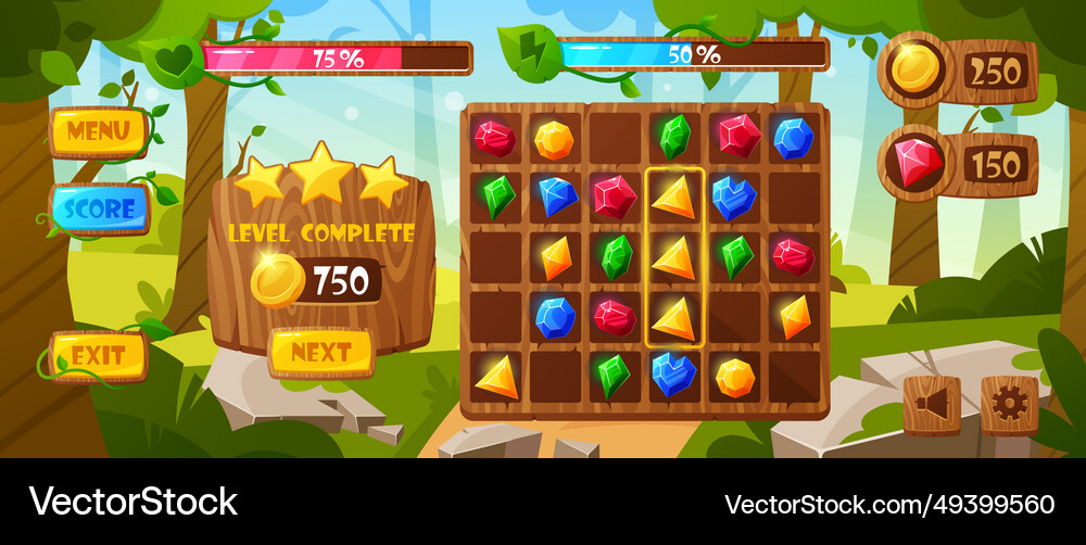Vibrant gem game interface with sparkling jewels Vector Image