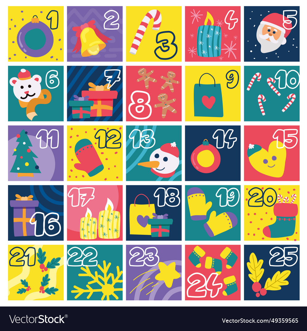 Colored advent calendar with different christmas Vector Image Colored advent calendar with different christmas Vector Image