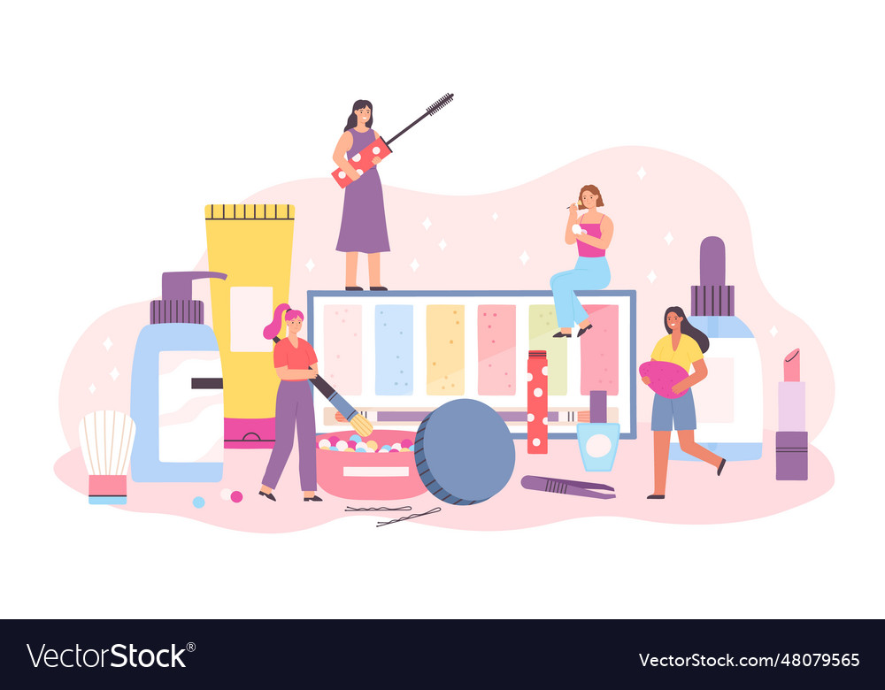 Makeup cosmetic and women tiny female characters Vector Image Makeup cosmetic and women tiny female characters Vector Image