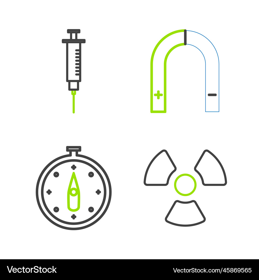 Set line radioactive compass magnet and syringe Vector Image