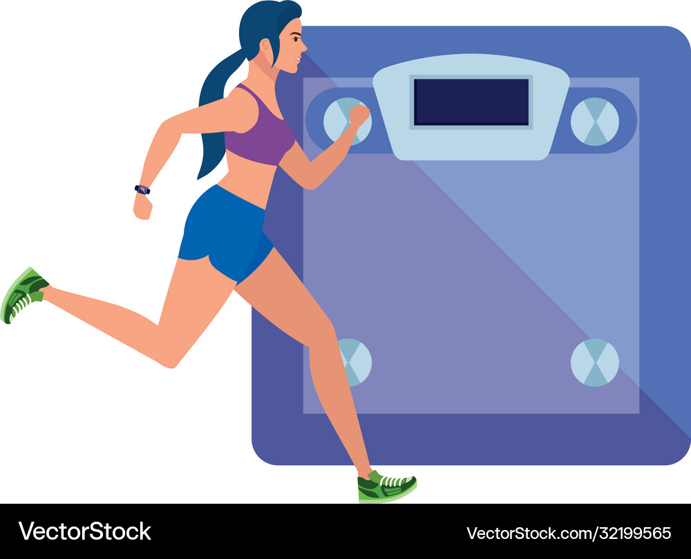 Woman running with weighing scale background Vector Image
