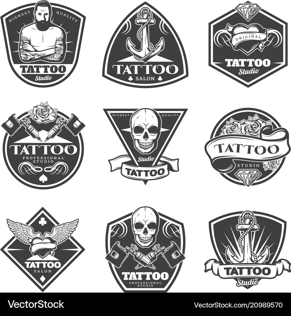 Monochrome tattoo salon labels set Royalty Free Vector Image