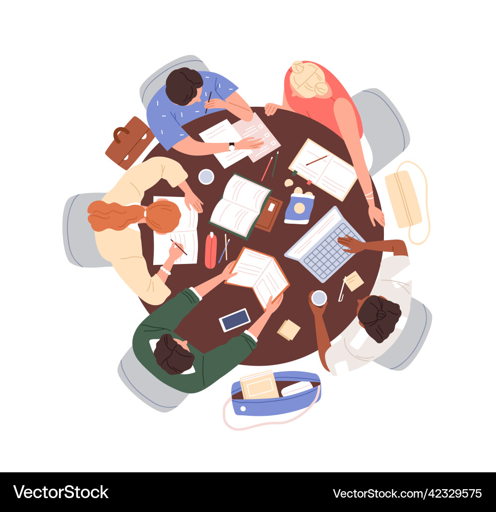 Group of people at table top view students team Vector Image
