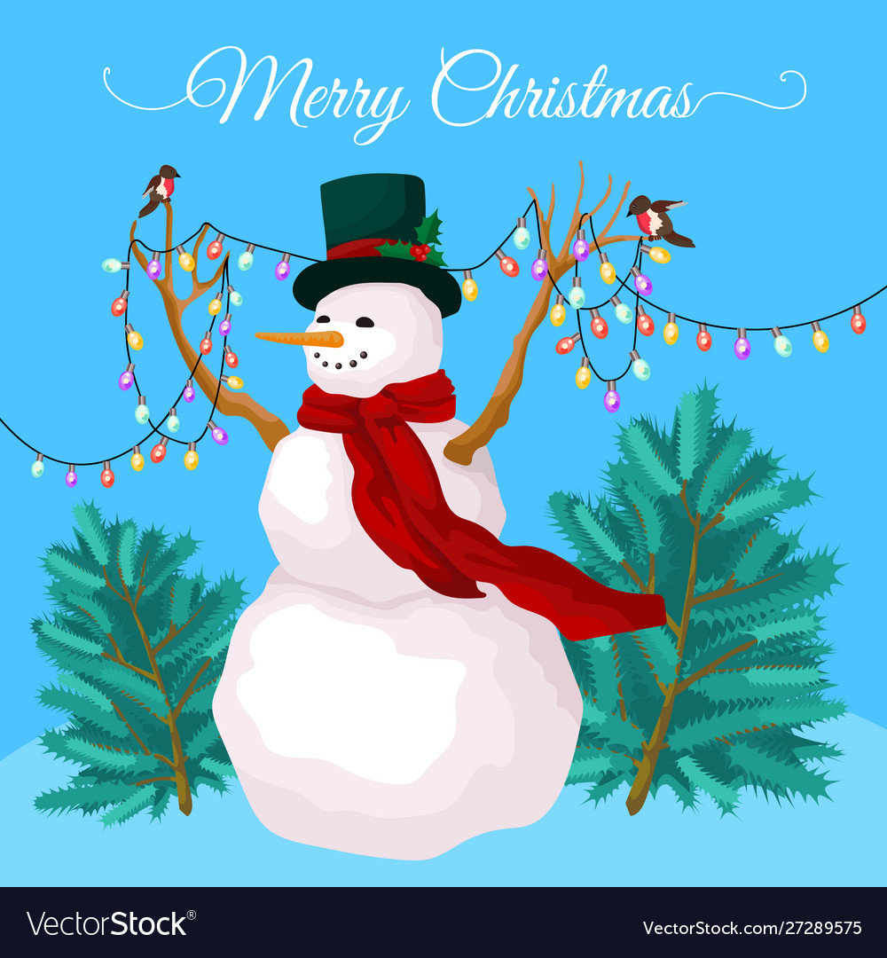 Snowman in hat a winter new year card Royalty Free Vector