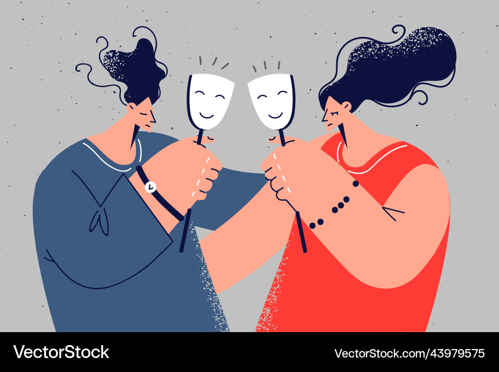 Unhappy couple hide feelings under masks Vector Image