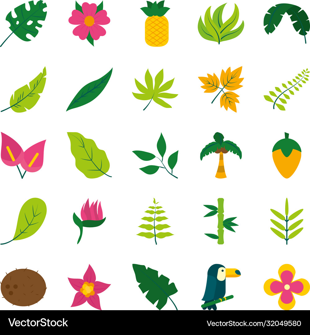 Coconut and tropical leaf icon set flat style Vector Image