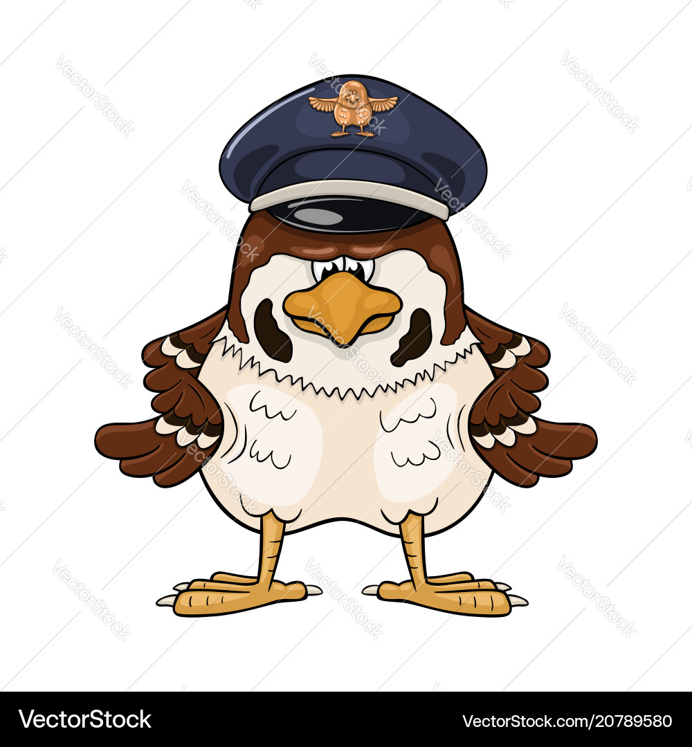 Funny cartoon sparrow in pilot service cap Vector Image
