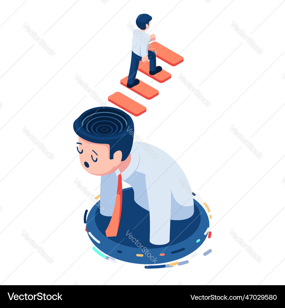 Isometric businessman walk up from head Royalty Free Vector
