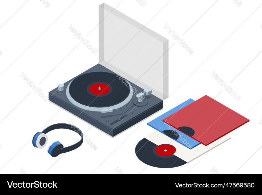 Isometric vinyl lp record player isolated on white