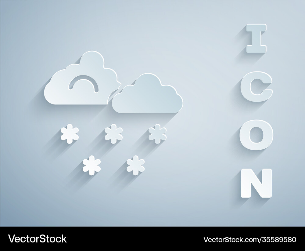 Paper cut cloud with snow icon isolated on grey Vector Image