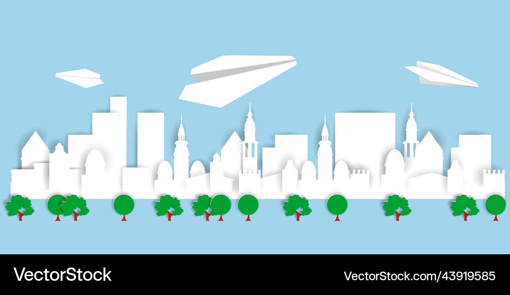 Paper planes flying over the city Royalty Free Vector Image
