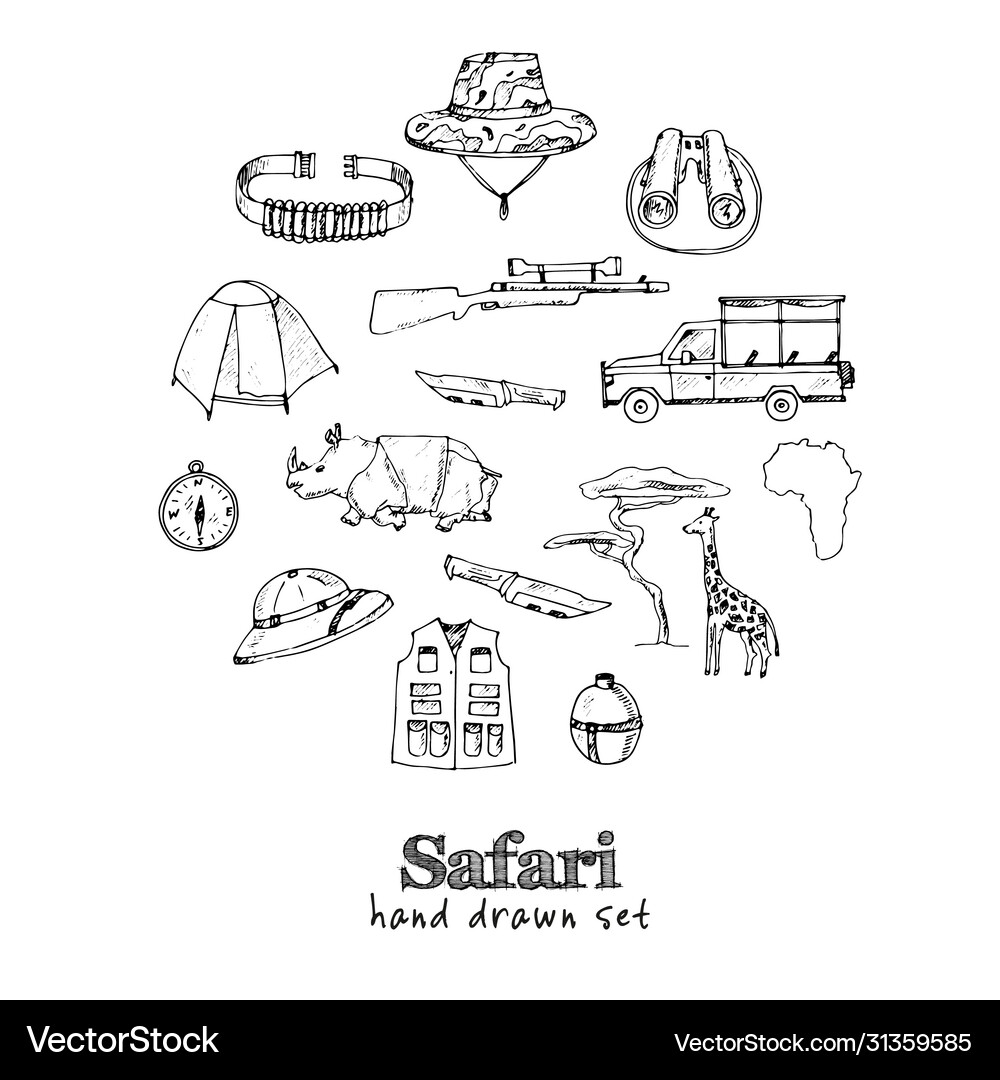 Safari set isolated hand drawn doodles set Vector Image