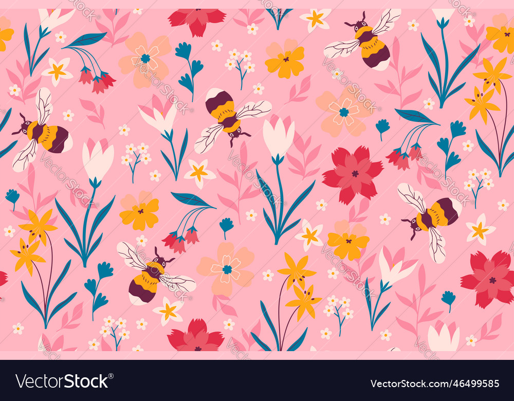 Seamless pattern with bumblebees and meadow spring