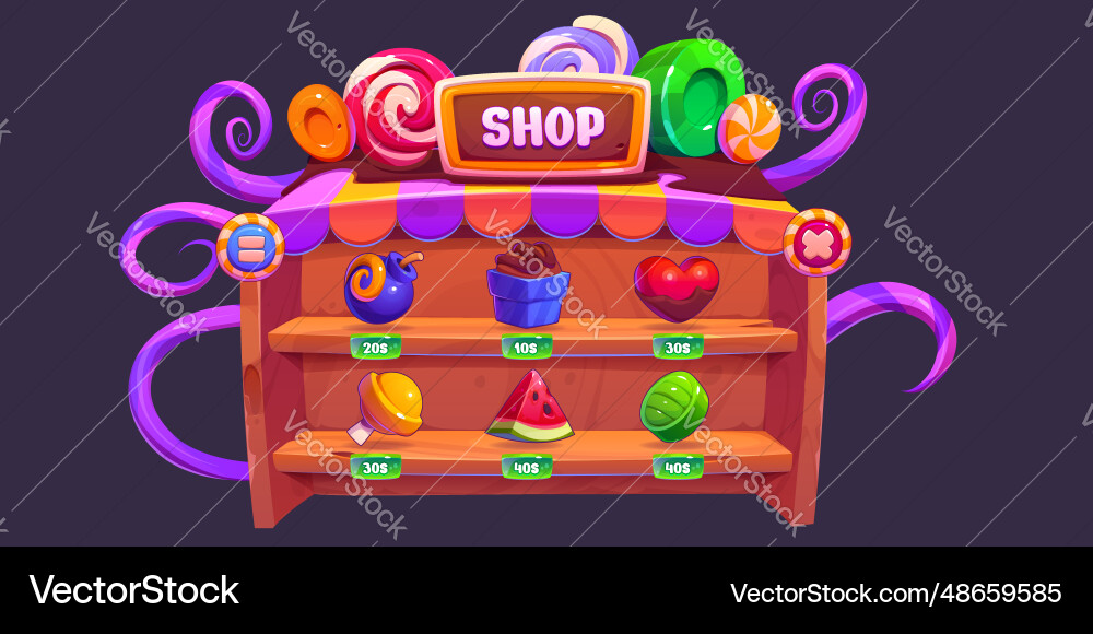 Shop game interface with assets and price buttons Vector Image