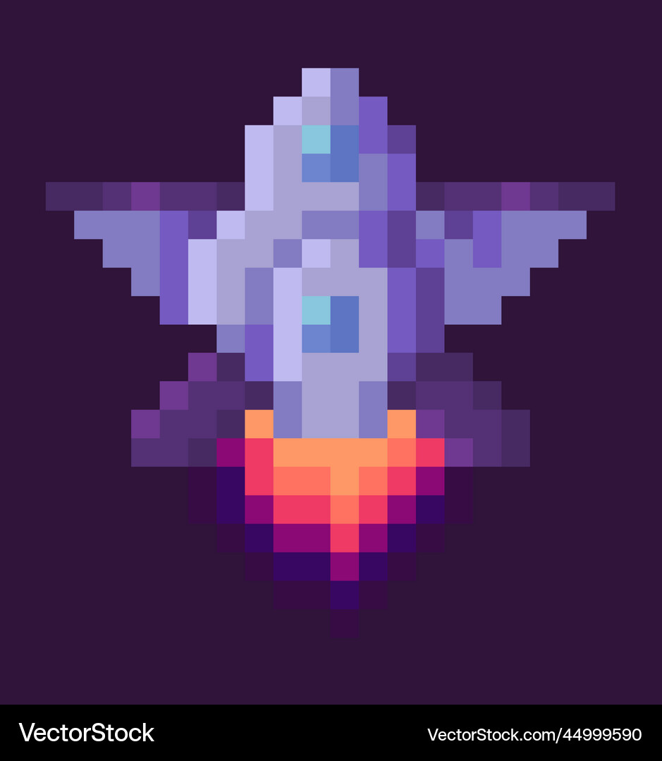 Retro spaceship pixel art game rocket at night Vector Image