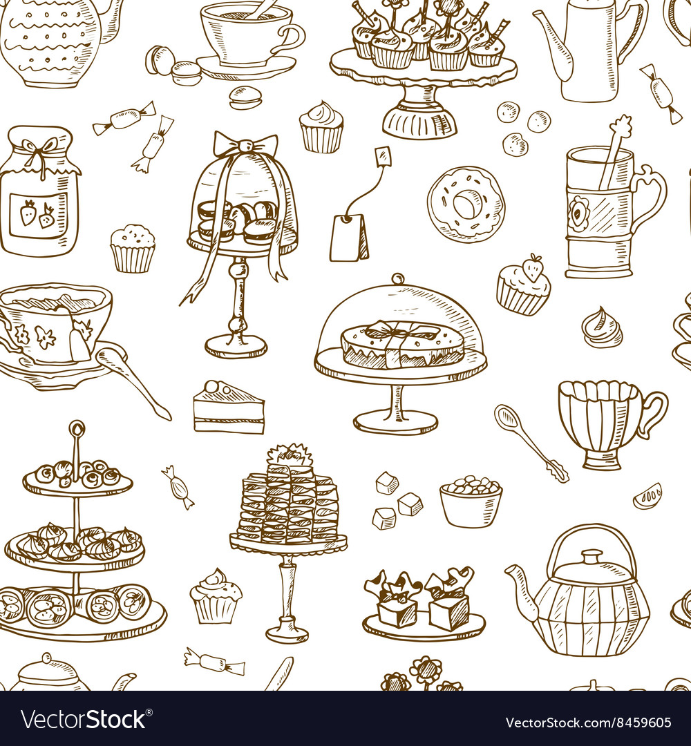 Tea time seamless pattern hand drawn Royalty Free Vector