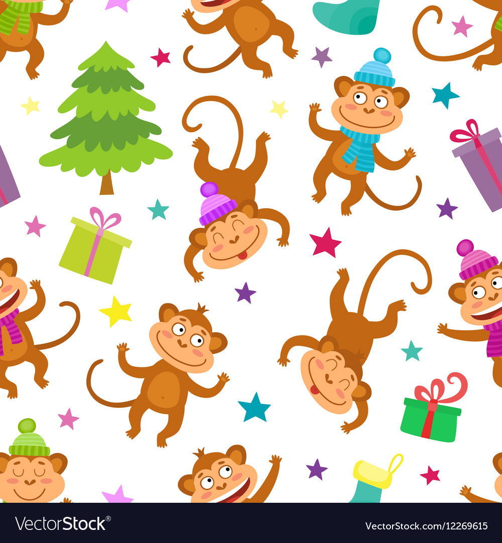 Cute christmas seamless pattern with monkeys Vector Image Cute christmas seamless pattern with monkeys Vector Image