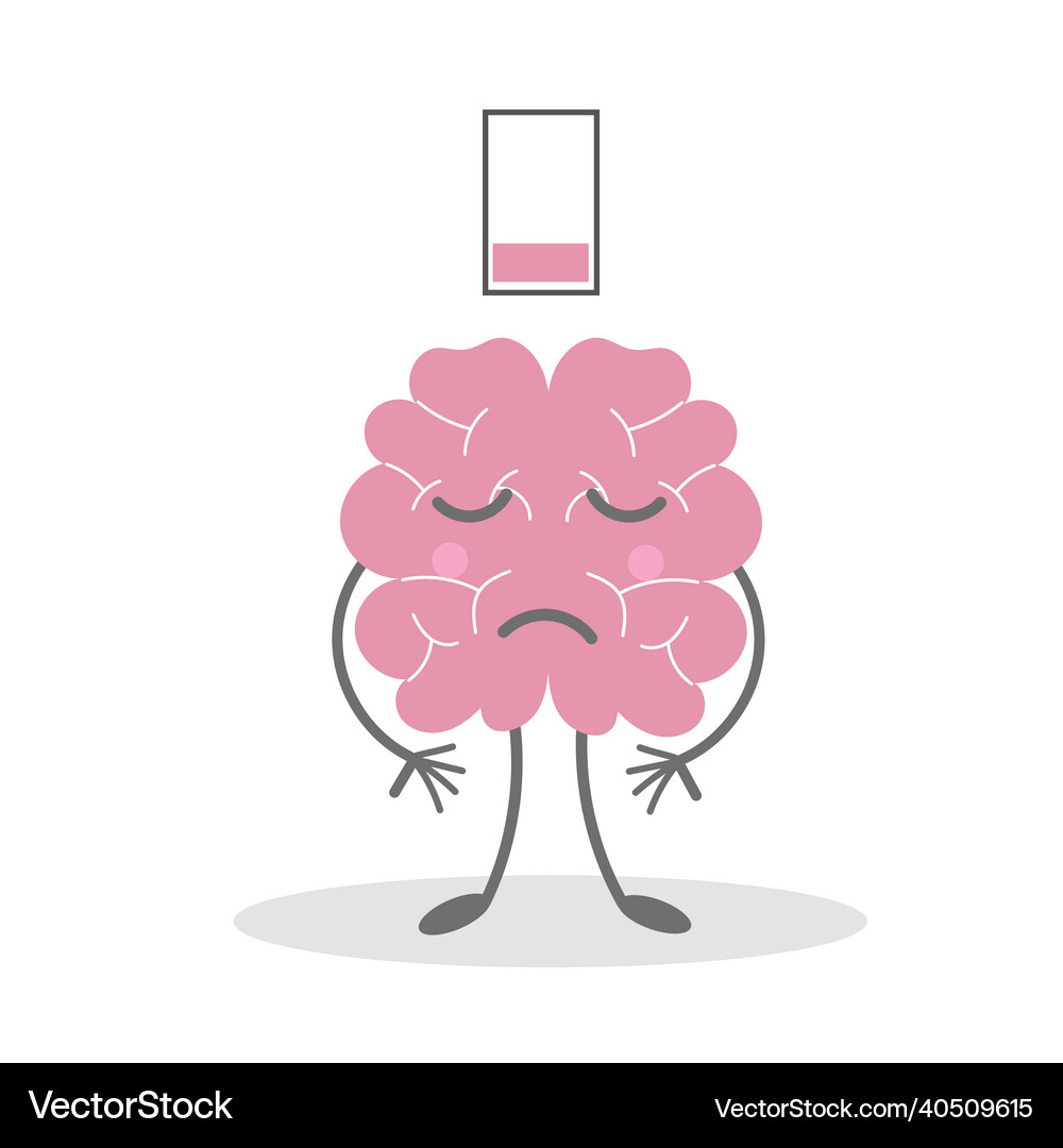 Cute sad brain in stress with low battery Vector Image