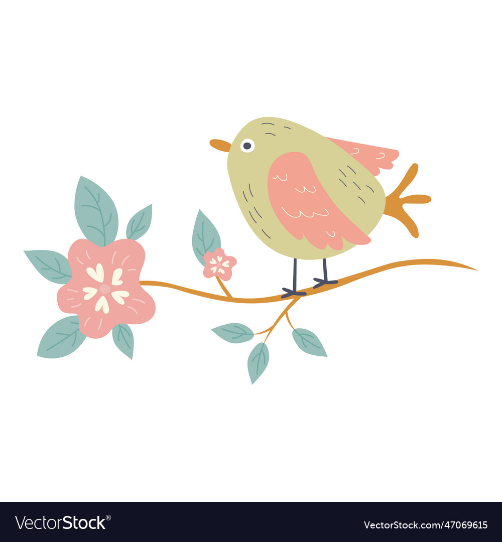 Spring bird on tree branch with leaves and flowers