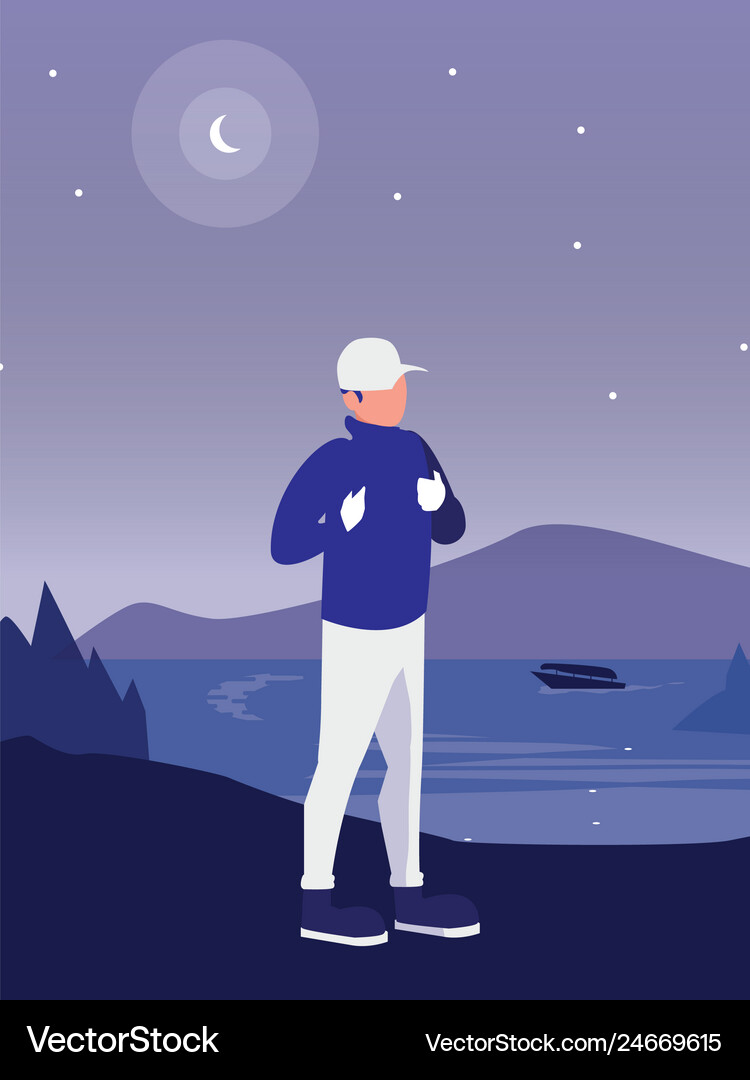 Young man in mountains landscape scene Royalty Free Vector
