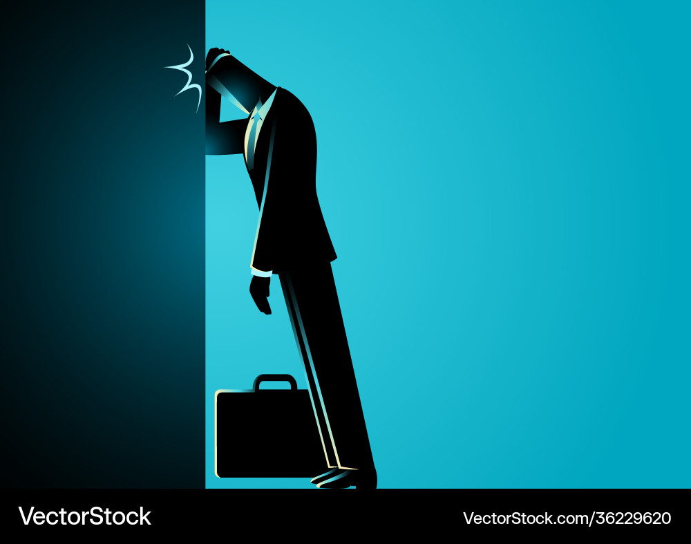 Businessman leaning his forehead against wall Vector Image
