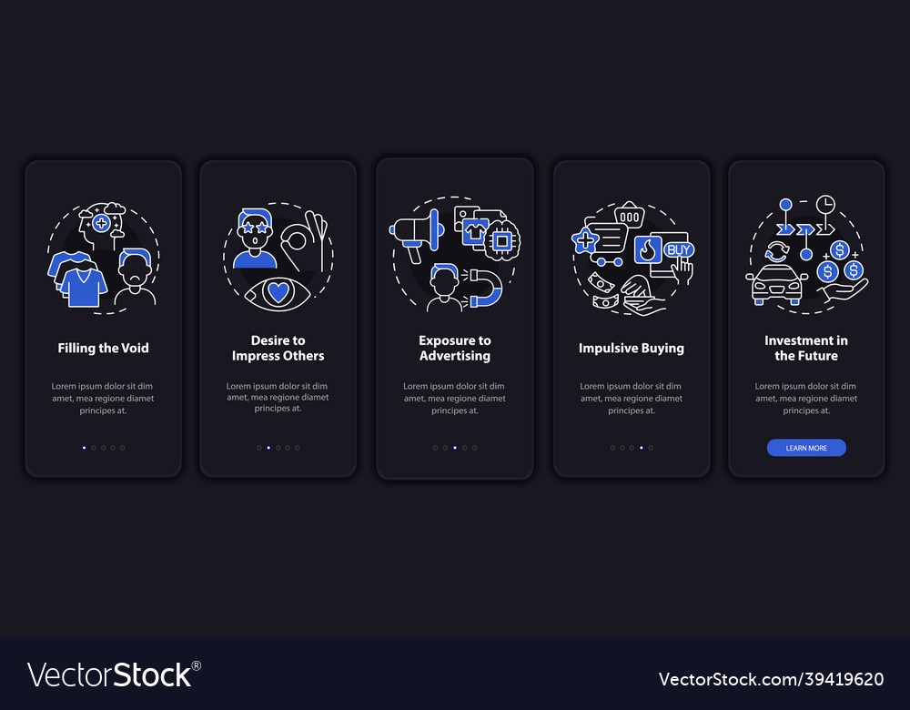 Reasons for consumerism dark onboarding mobile Vector Image