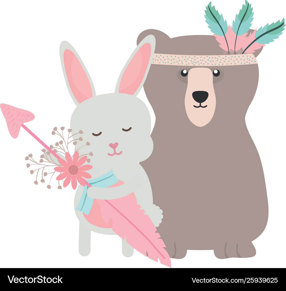 Bear grizzly and rabbit with feathers hat and Vector Image