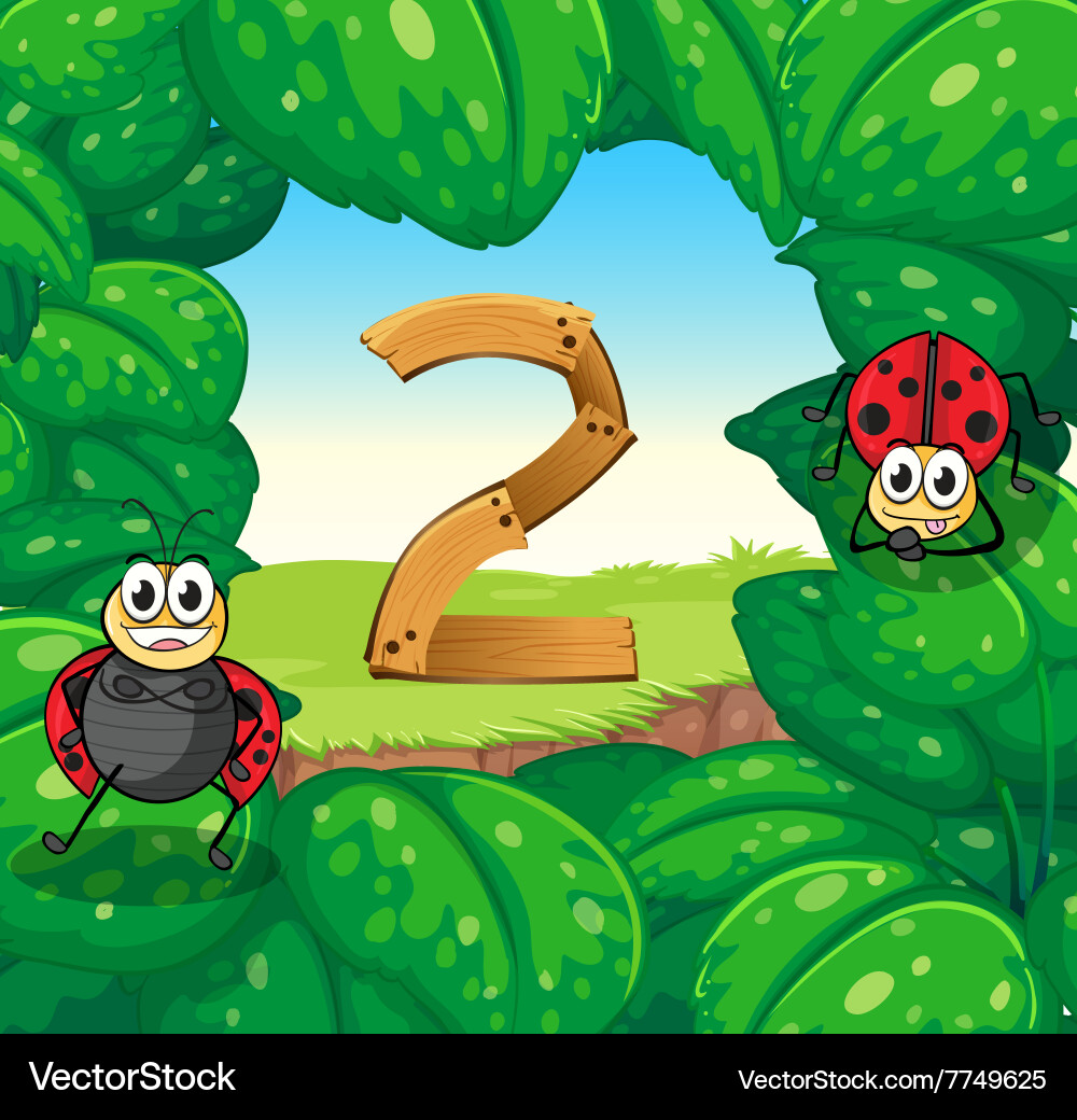 Number two with two ladydugs on leaves Royalty Free Vector