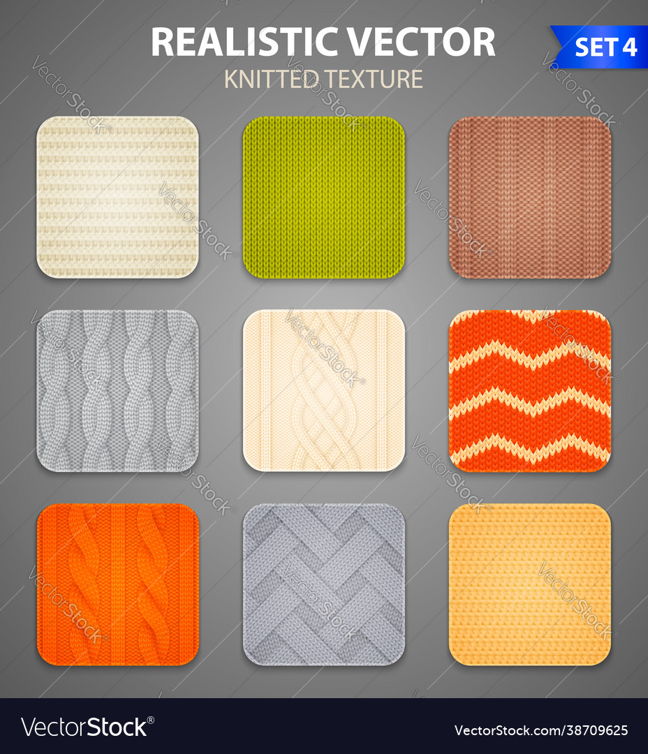 Realistic knitted patterns samples set Royalty Free Vector