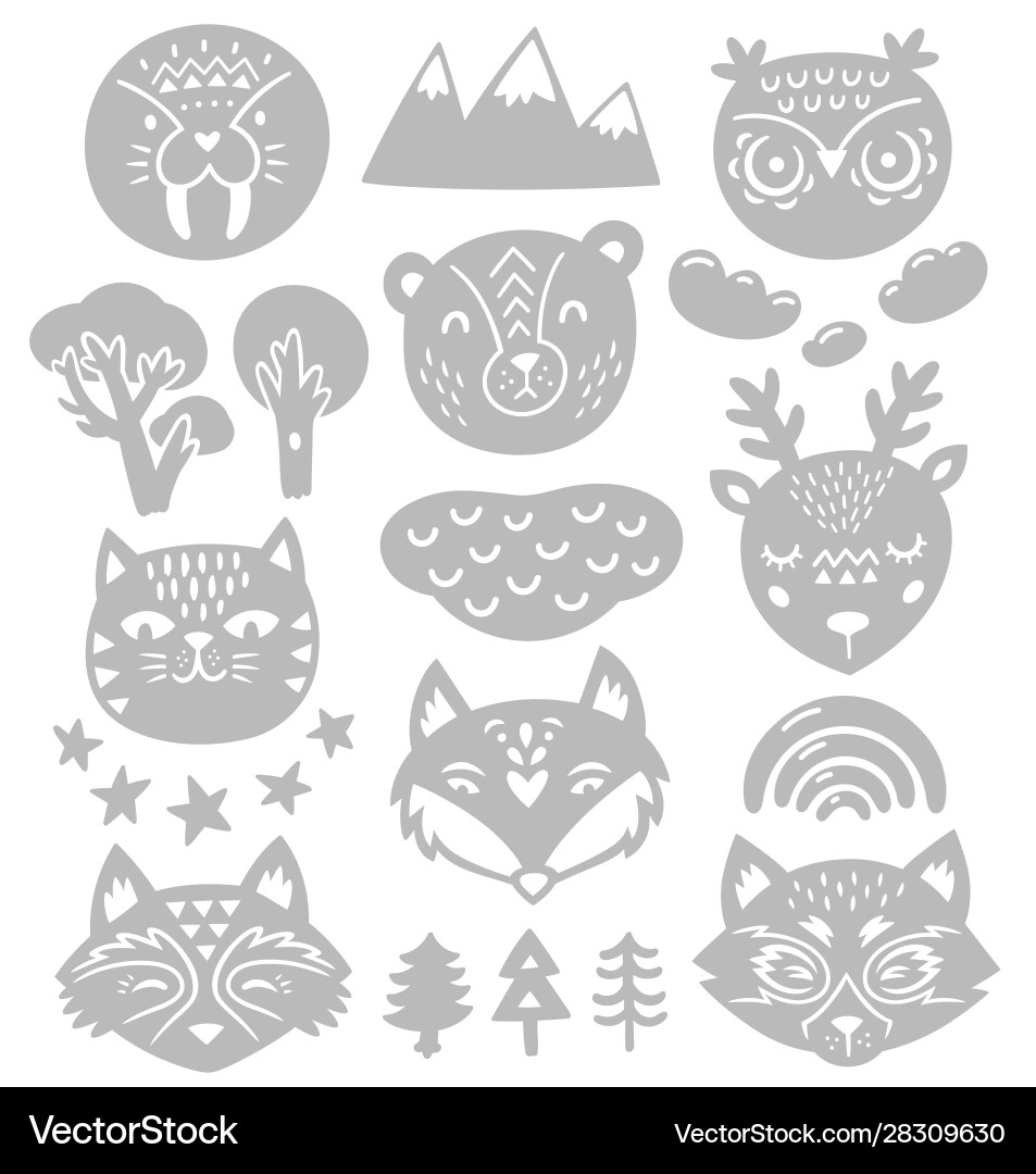 Collection nature elements and animals heads Vector Image