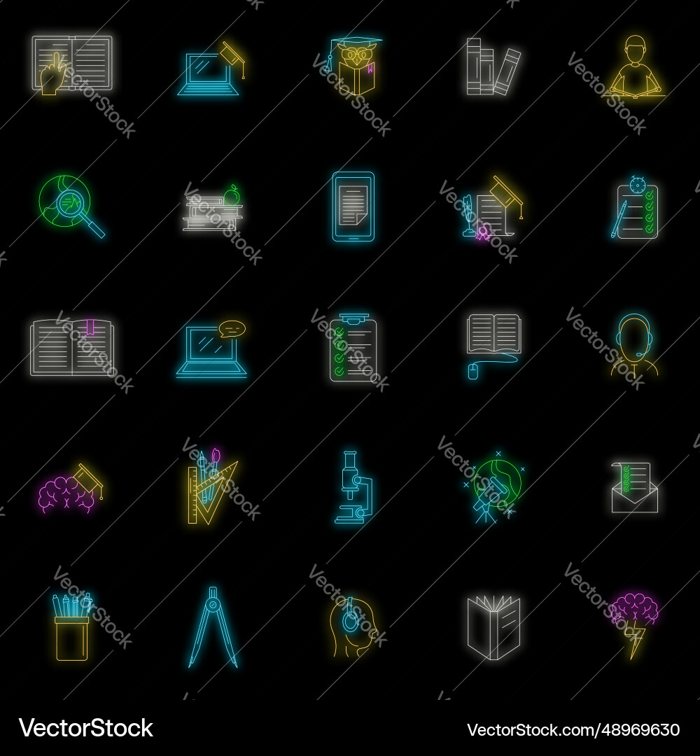 Homework study school icons set neon Royalty Free Vector
