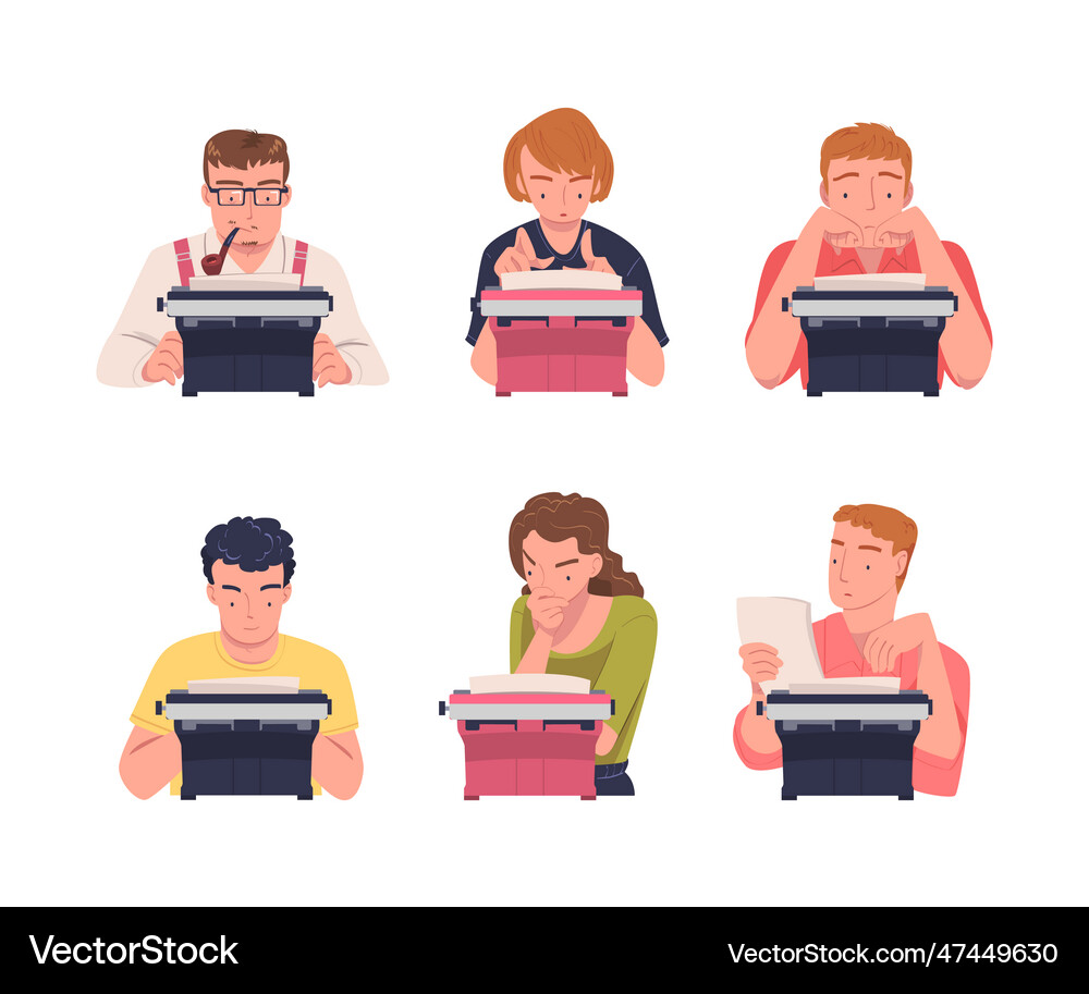 People writer character at typewriter writing book