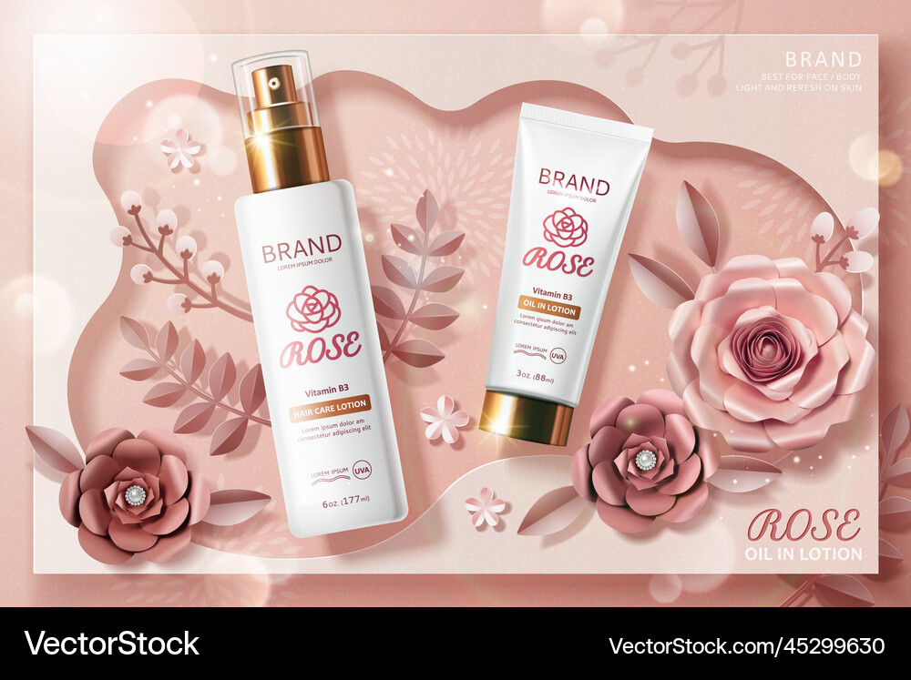 Rose cosmetic ads with paper flower Royalty Free Vector