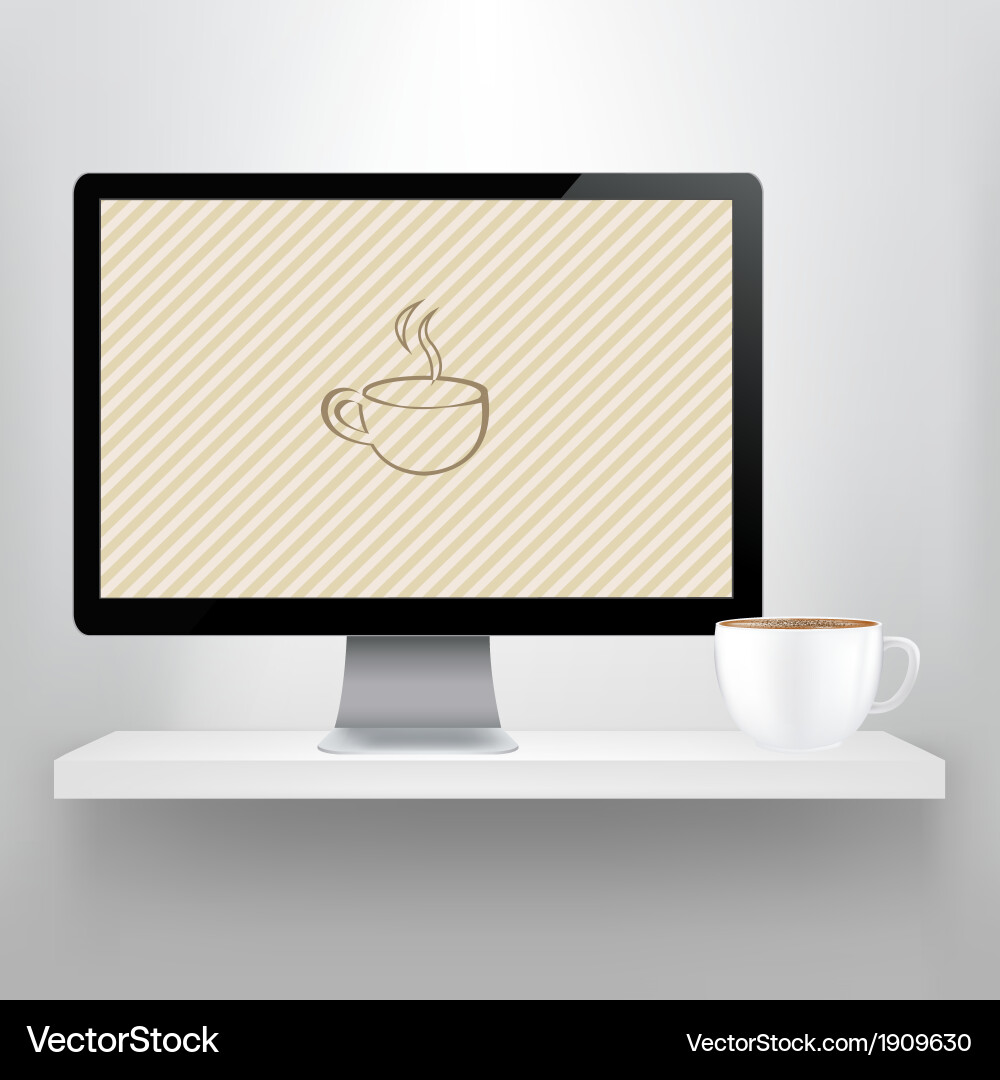 Shelf with computer and cup of coffee Royalty Free Vector