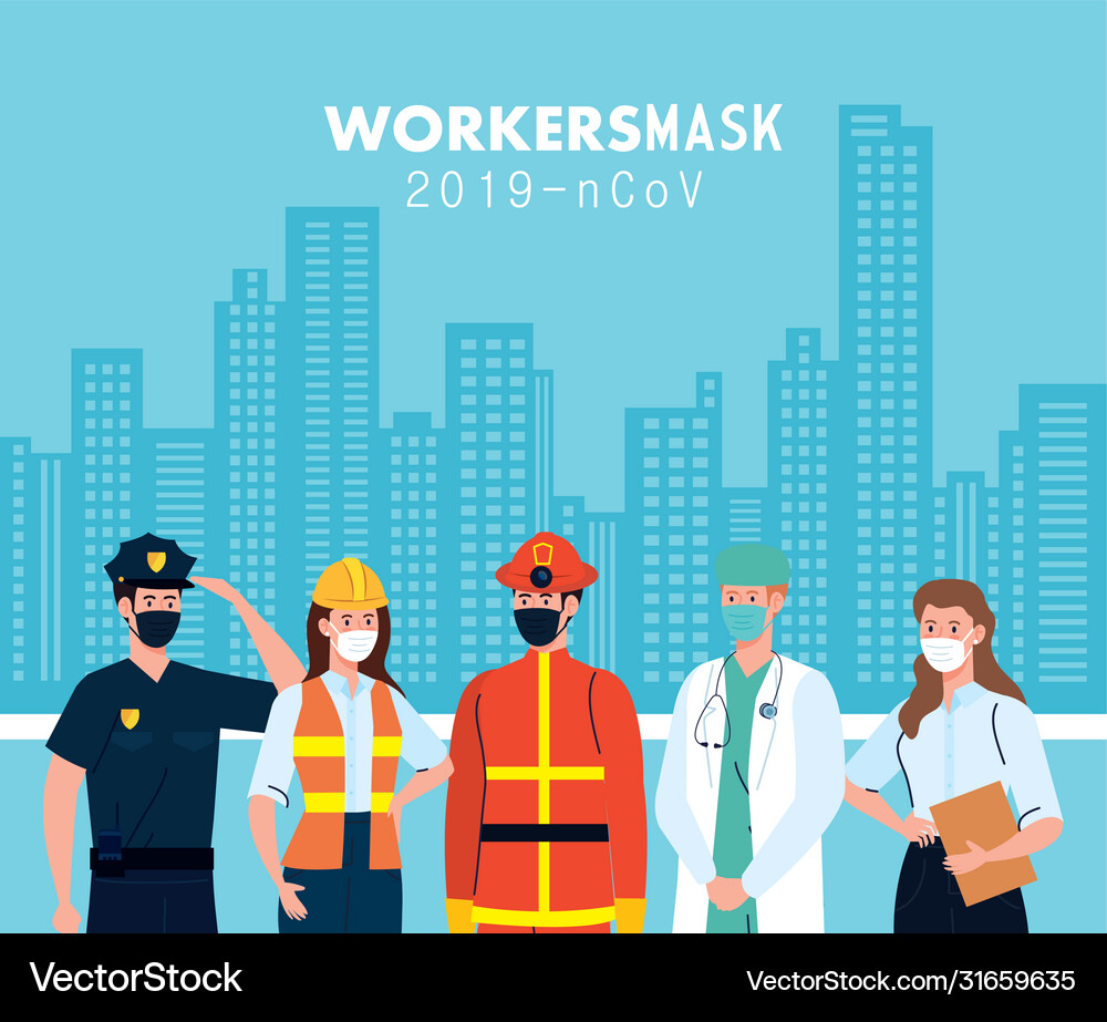 People workers with workermasks in front city Vector Image