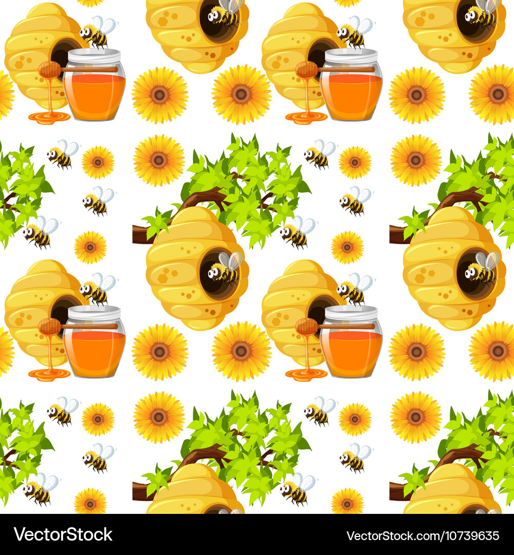 Seamless background with bees and beehives Vector Image