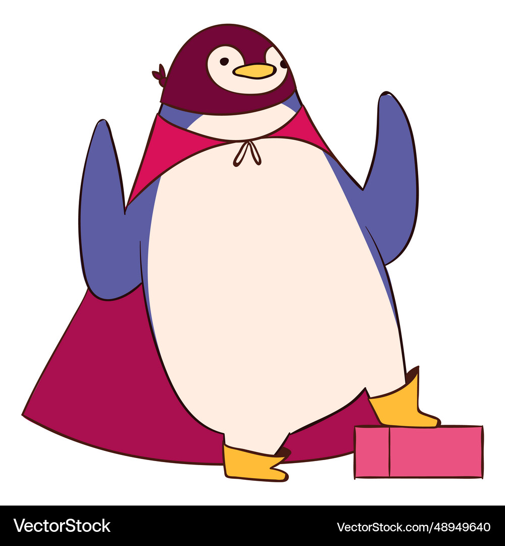 Penguin with cape hero cartoon Royalty Free Vector Image