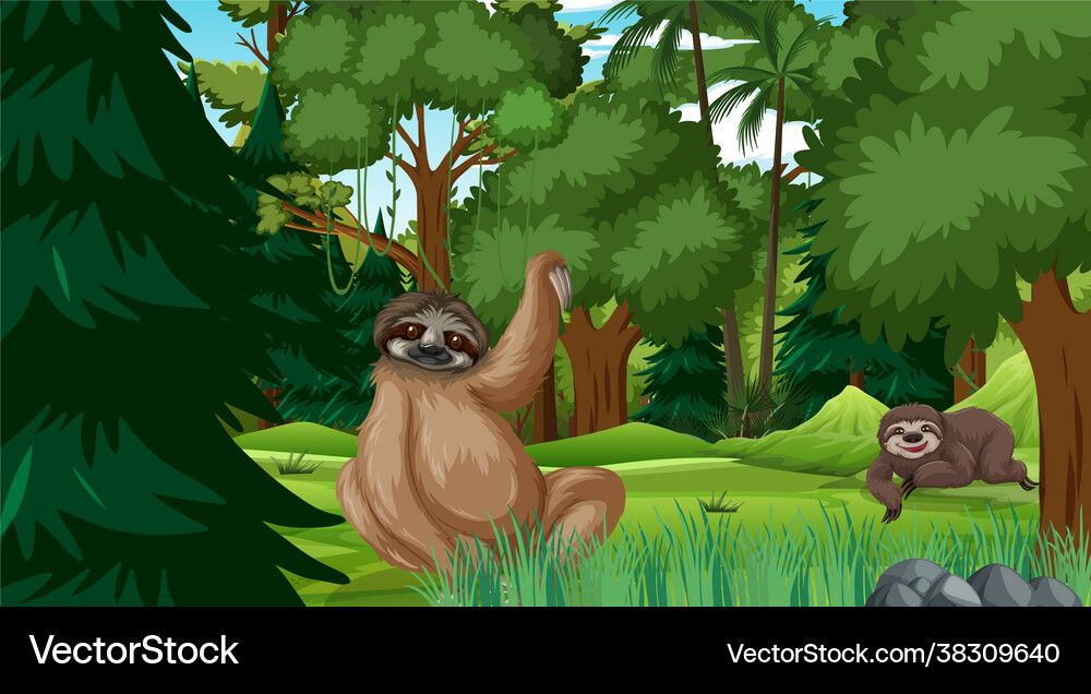 Sloth in forest at daytime scene with many trees Vector Image