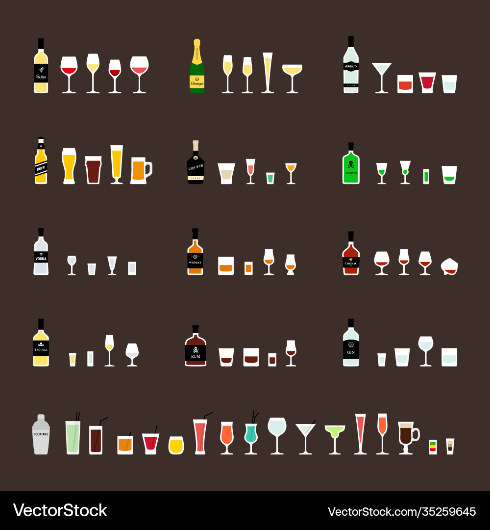 Alcohol drinks bottles and recommended glasses Vector Image