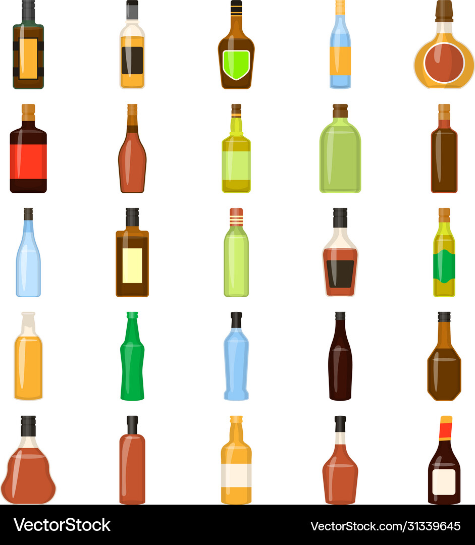 Collection alcohol bottles in flat icons Vector Image