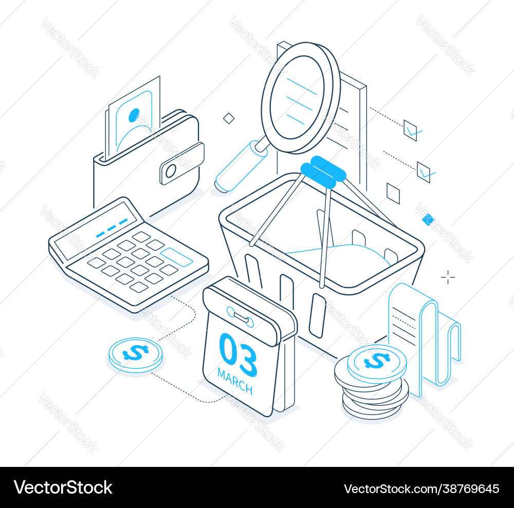 Cost planning - black and blue isometric line Vector Image