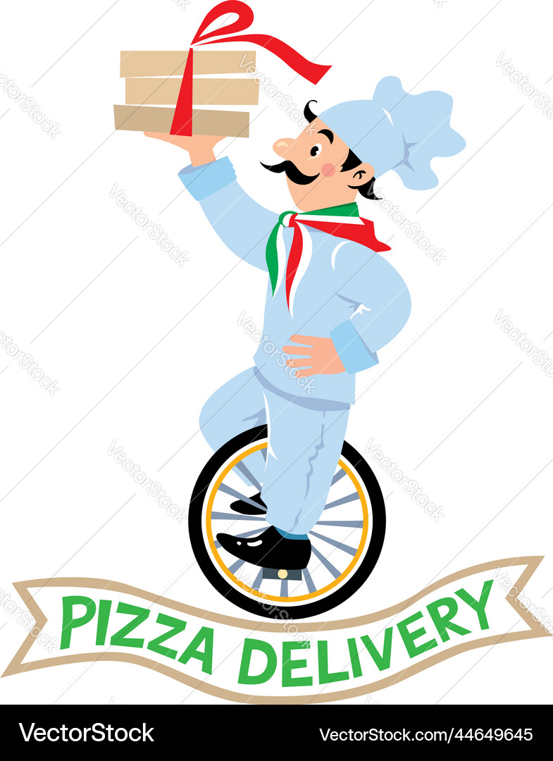Funny pizza chef on unicycle pizza delivery Vector Image