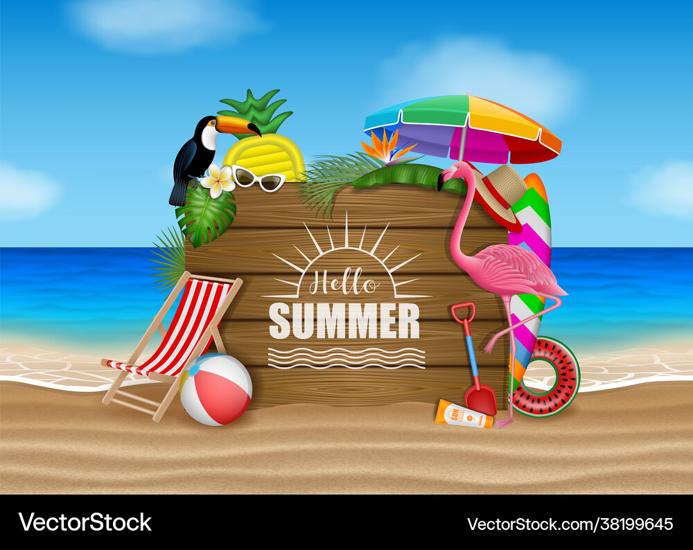 Hello summer poster with beach elements Royalty Free Vector